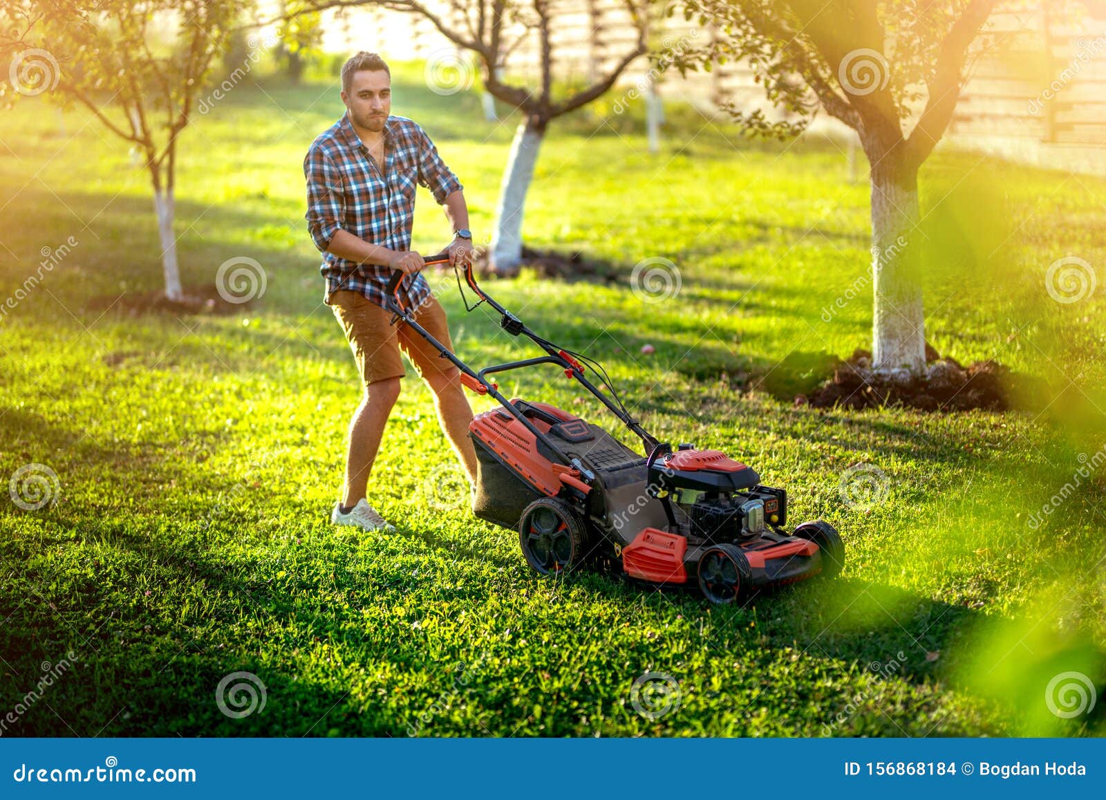 Man Mowing the Lawn Using a Gasoline Powered Device, a Professional ...