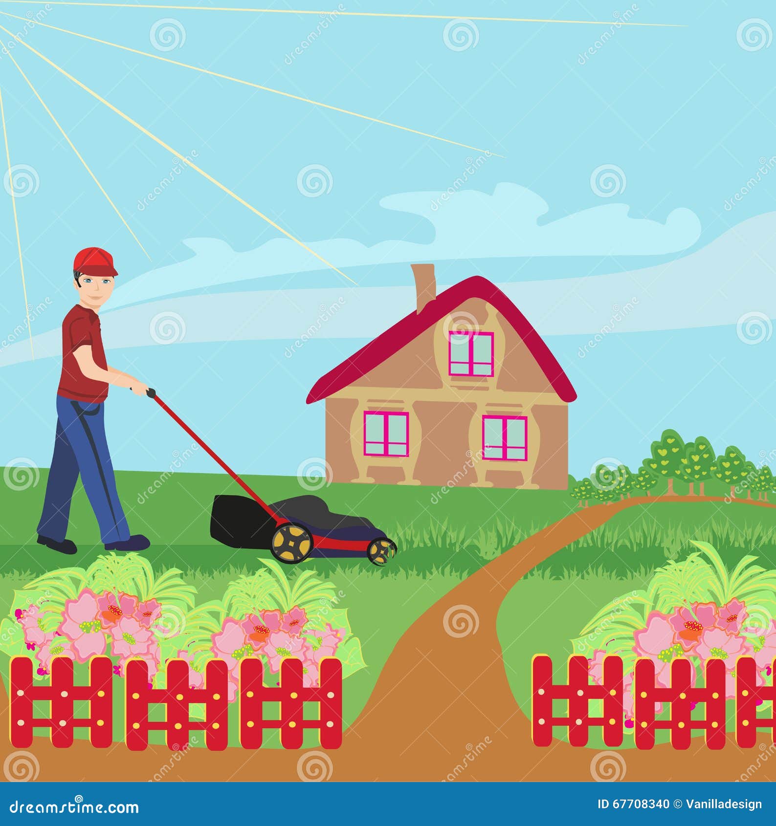 Man mowing the lawn stock vector. Illustration of clipart - 67708340