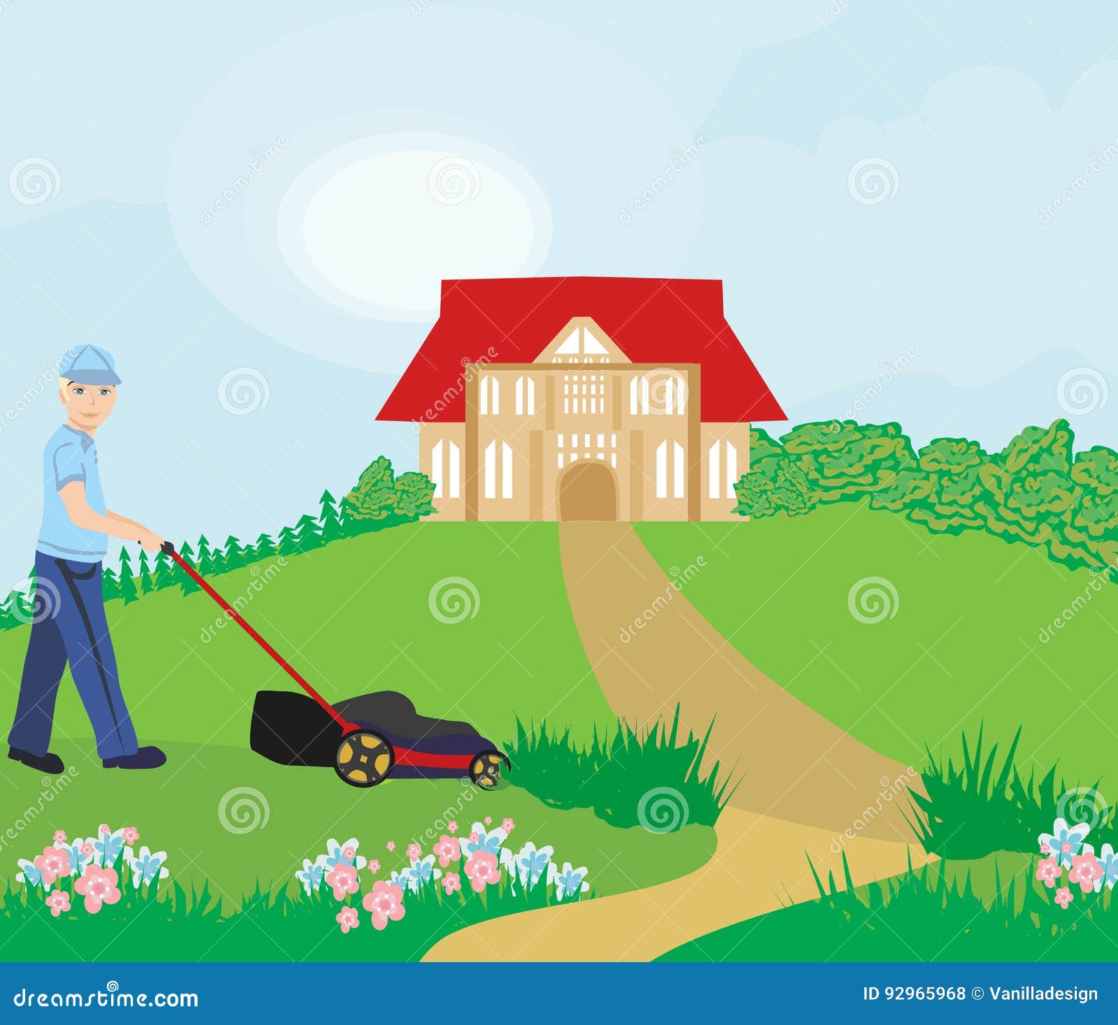Man mowing the lawn stock vector. Illustration of mowing - 92965968
