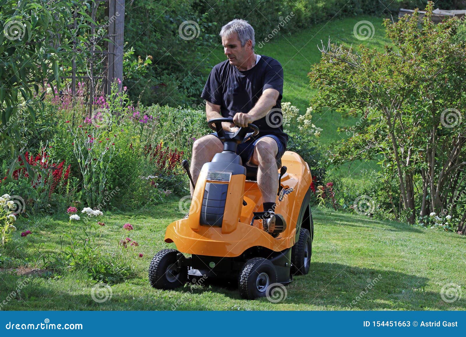 A Man Mows the Lawn with a Ride-on Lawnmower Stock Image - Image of ...