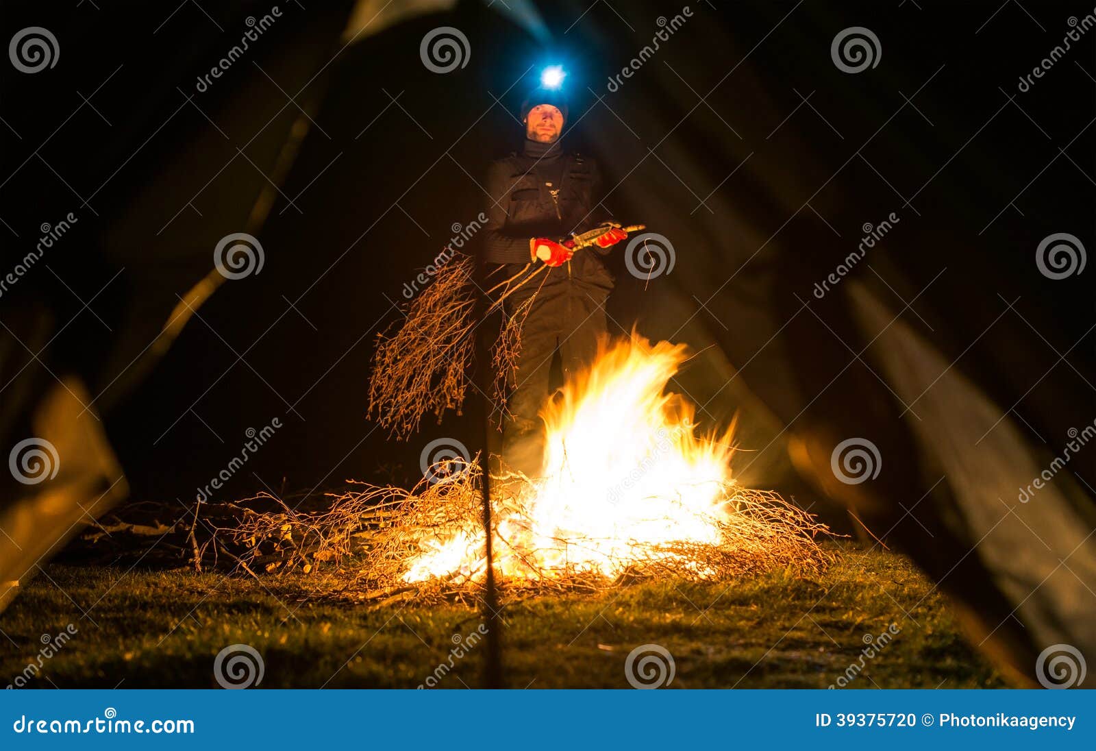 Man Near Camp Fire at Night Stock Photo - Image of dark, lantern: 39375720