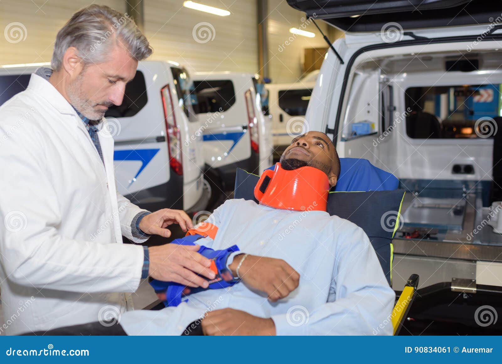 Man with Neck Brace at Open Doors Ambulance Stock Image - Image of ...
