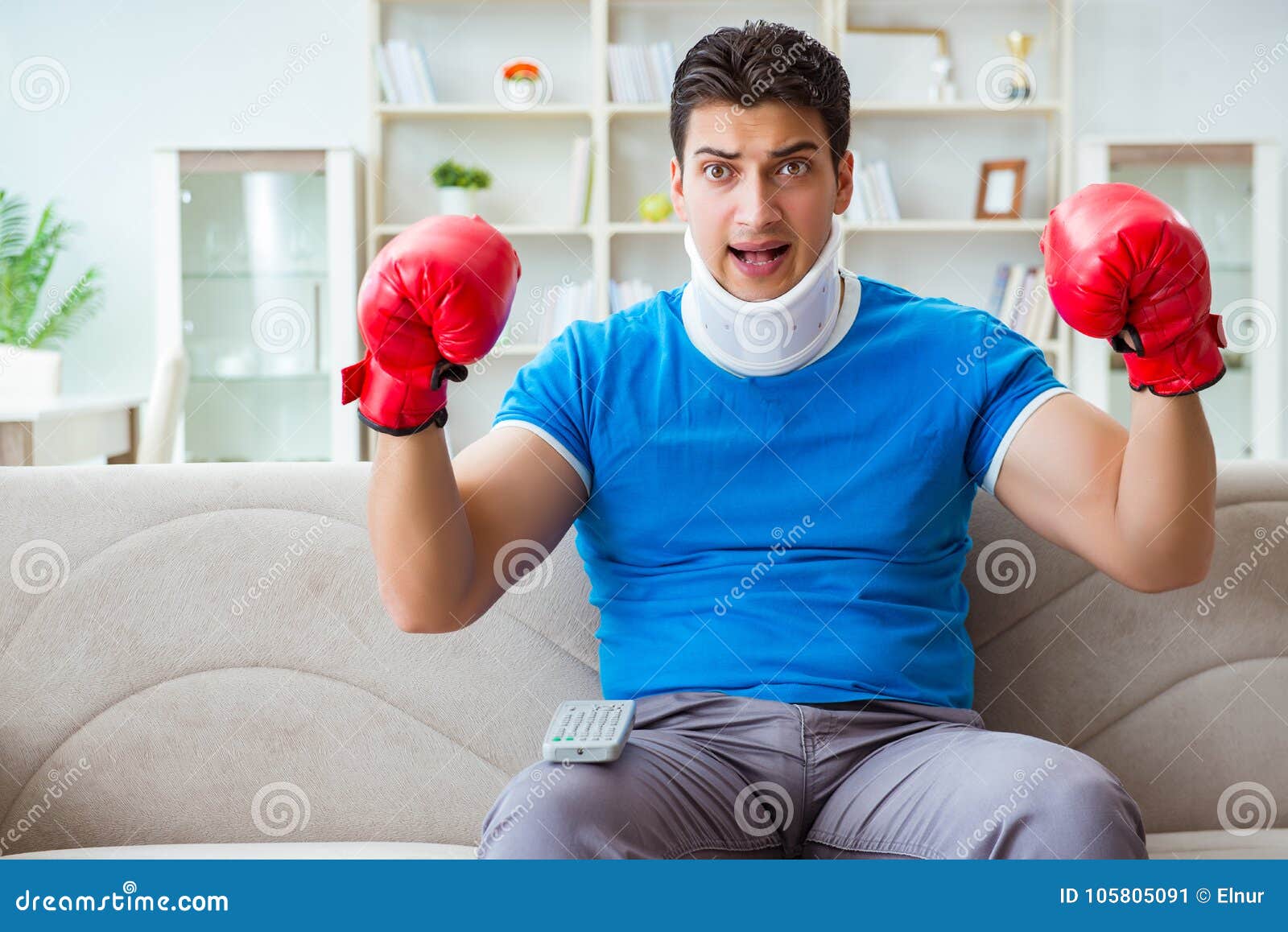 The Man with Neck Injury Watching Boxing at Home Stock Image - Image of ...