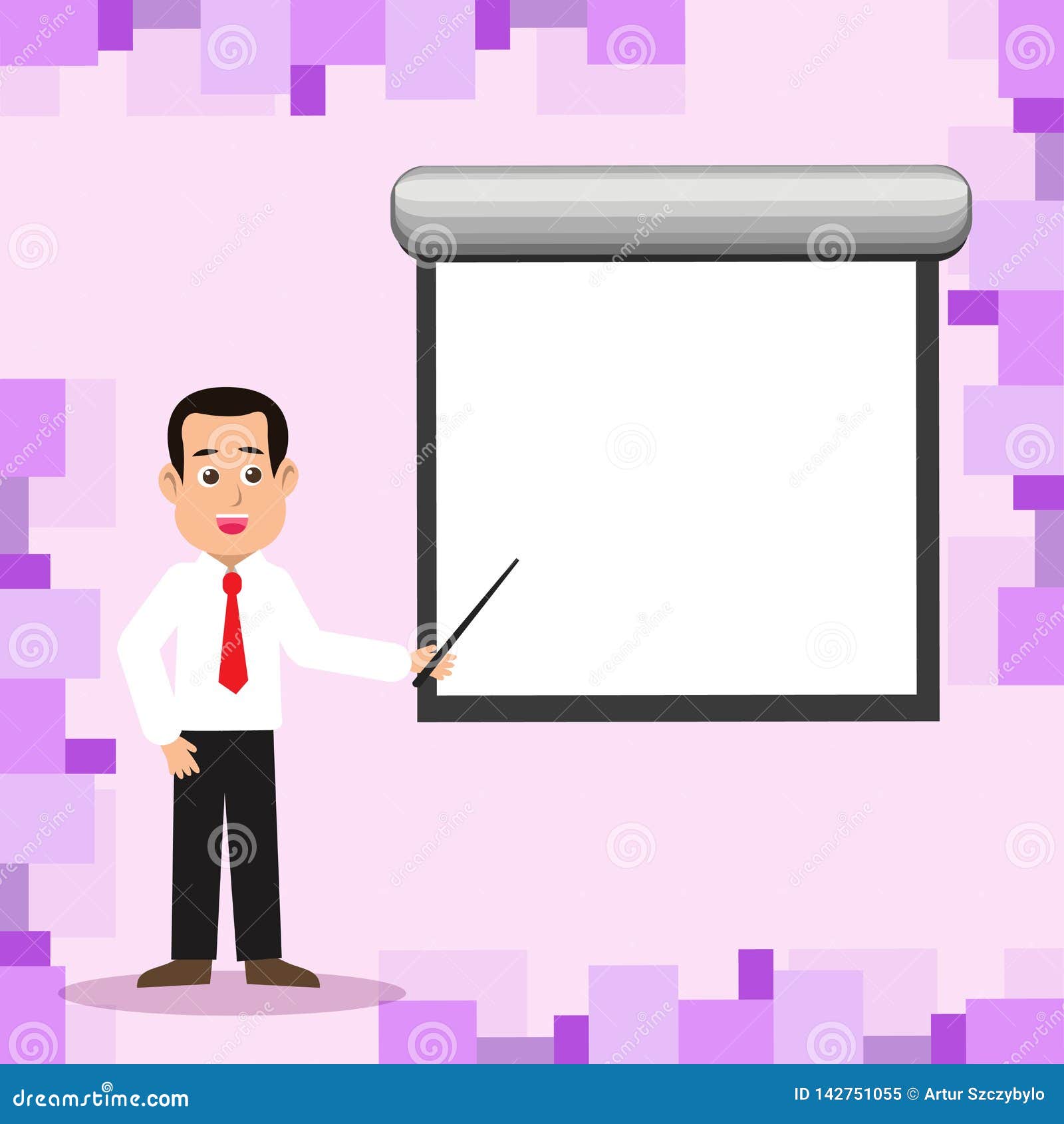 Man in Necktie Standing Talking Holding Stick Pointing To Blank White ...