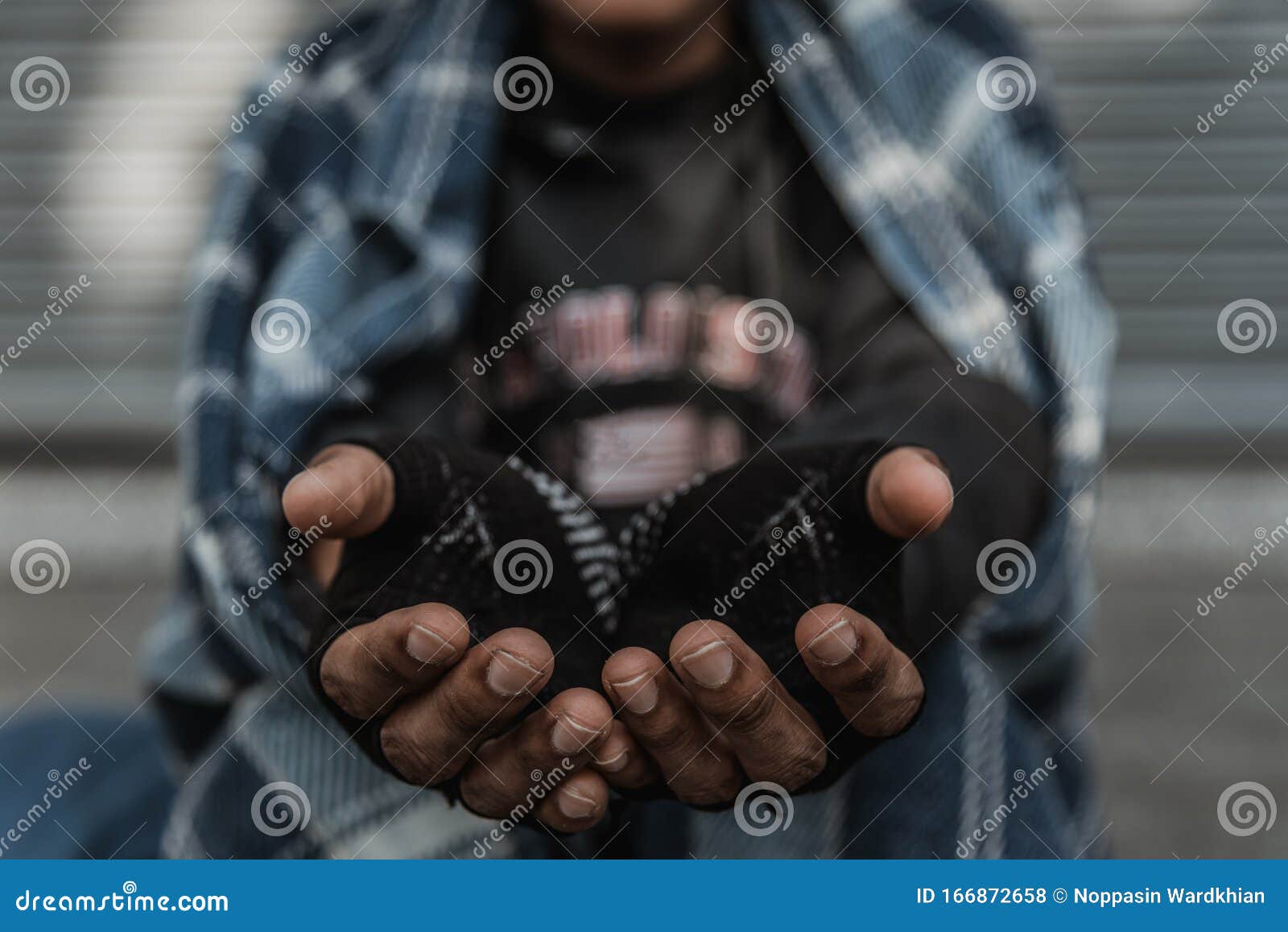 Man in Need. Unhappy Homeless Man is Holding Hands To Get Help Stock ...