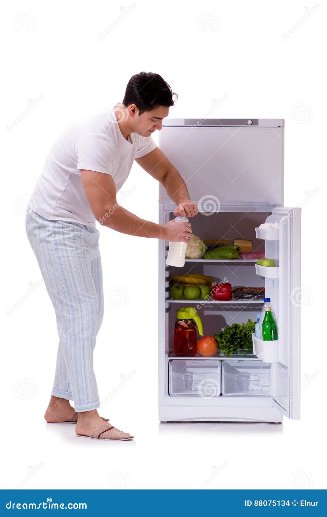 The Man Next To Fridge Full of Food Stock Photo - Image of choosing ...