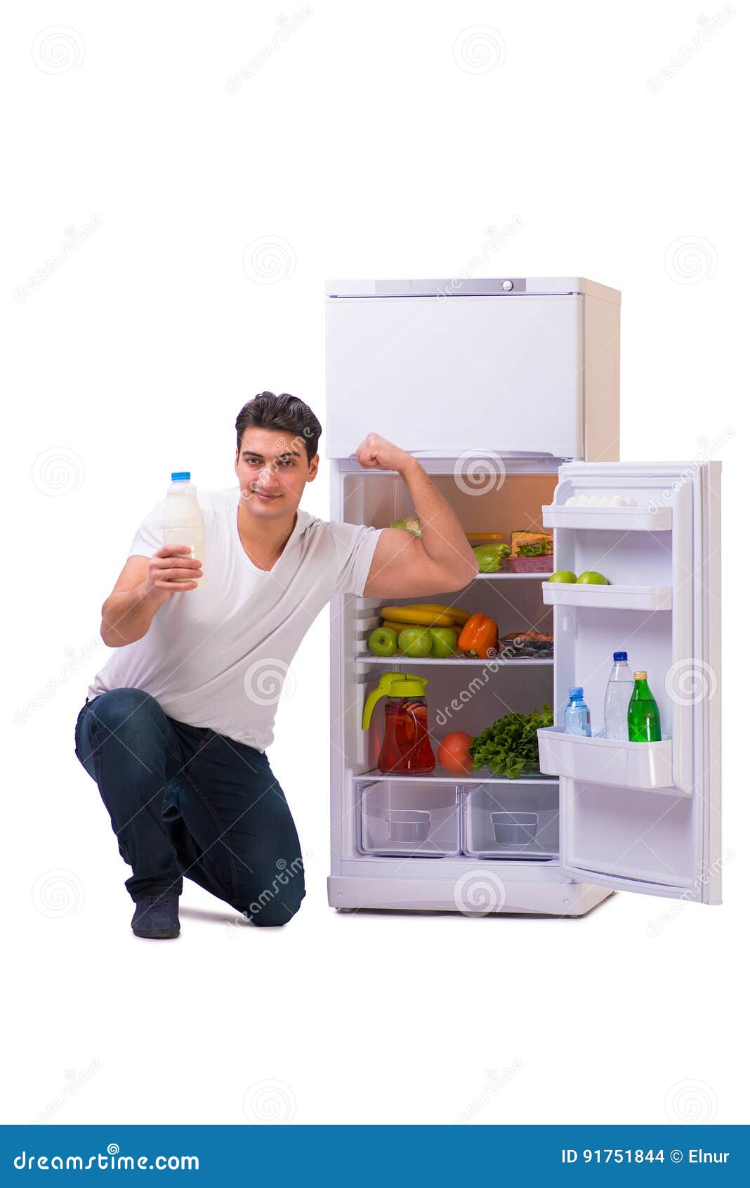 The Man Next To Fridge Full of Food Stock Photo - Image of drink ...