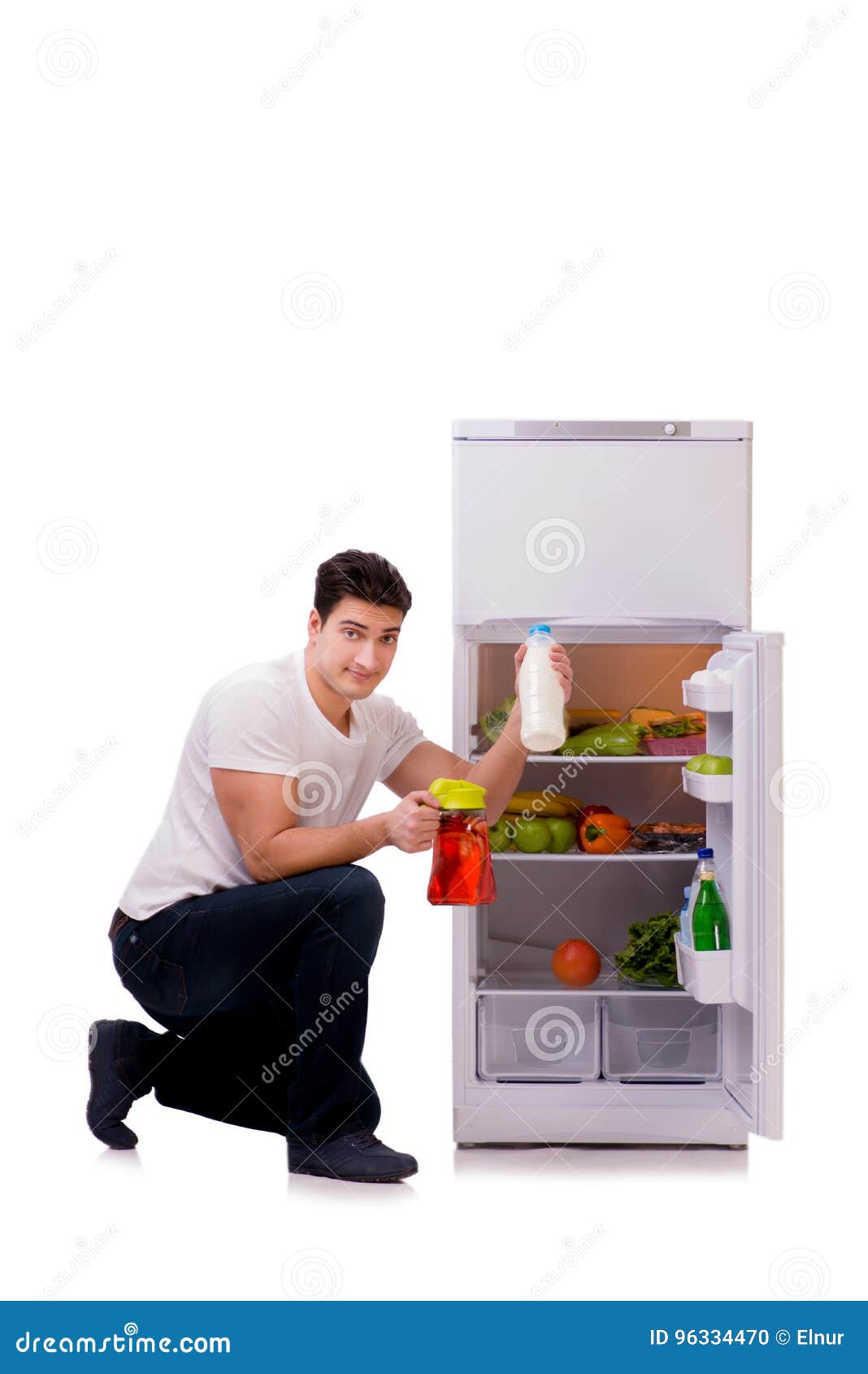 The Man Next To Fridge Full of Food Stock Photo - Image of freezer ...