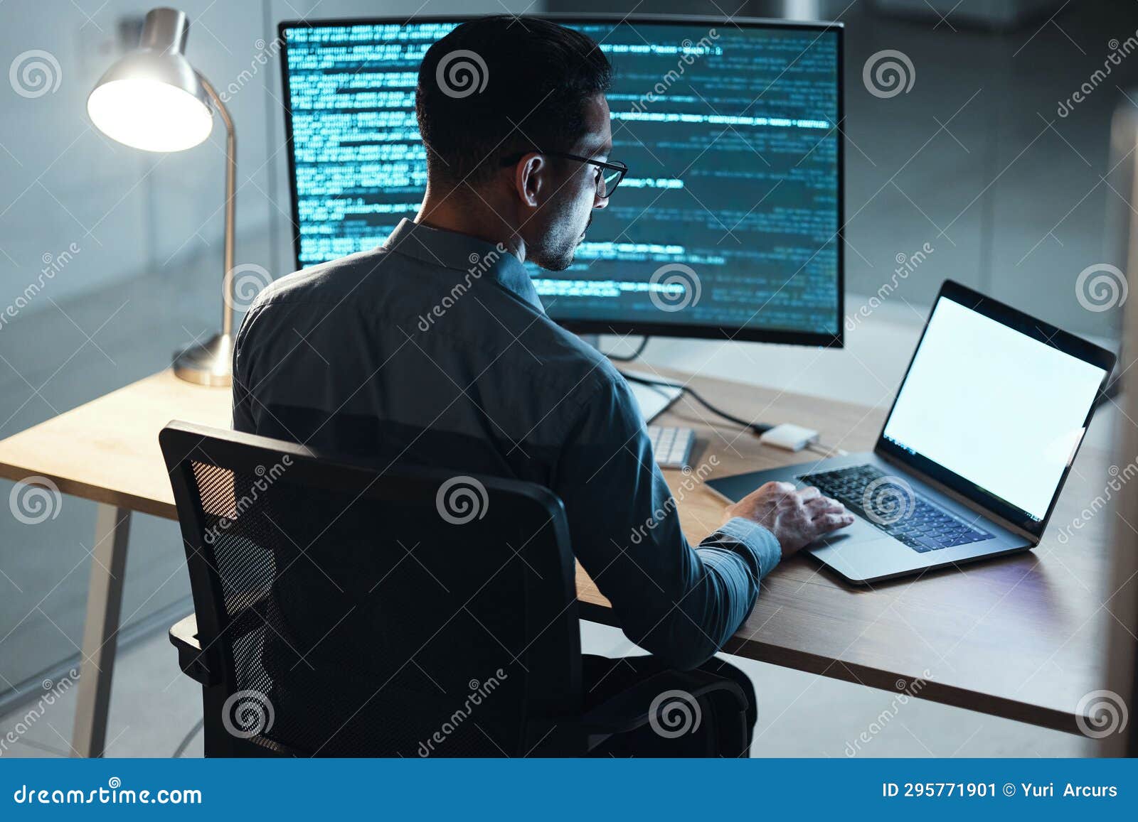 Man, Night and Coding in Office, Computer or Blank Screen for Mockup ...
