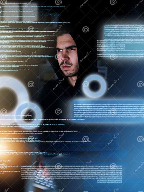 Man, Night and Data Overlay with Hacker, Criminal Programmer and ...