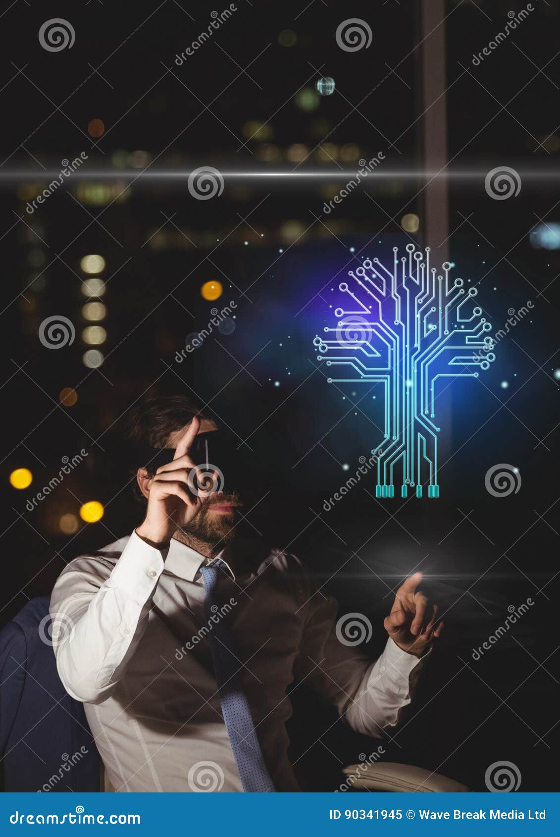 Man by Night Window Wearing VR Virtual Reality Headset with Interface ...