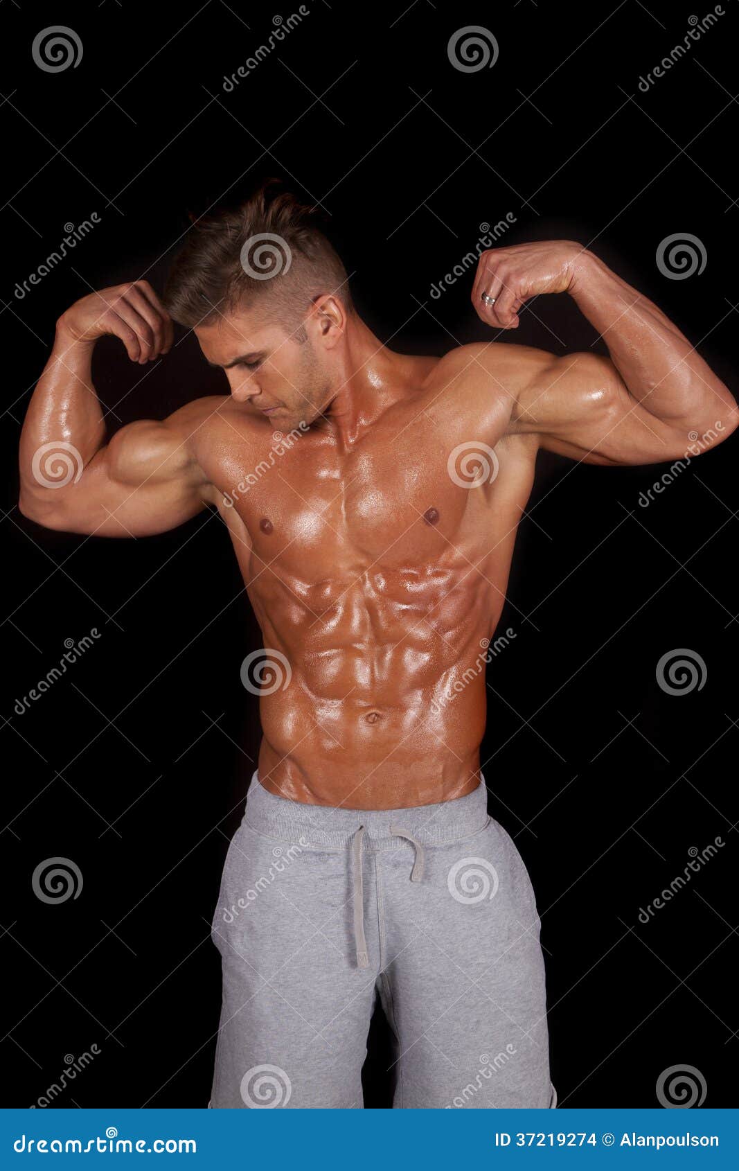 Man No Shirt Shiny Flex Look Side Stock Photo - Image of athlete ...