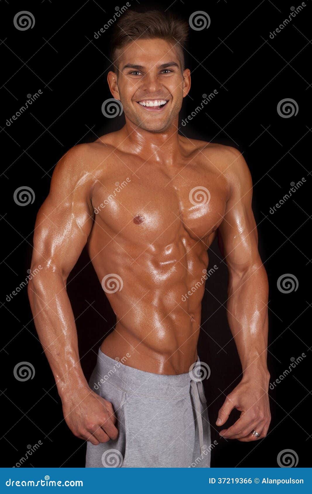 Man No Shirt Shiny Showing Muscles Smiling Stock Photo - Image of ...