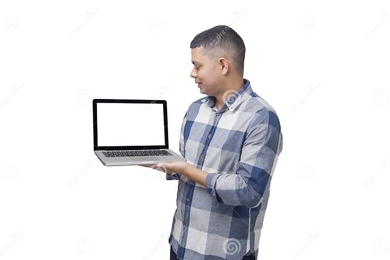 Man with Notebook in Hands Pointing and Interacting with the Screen ...