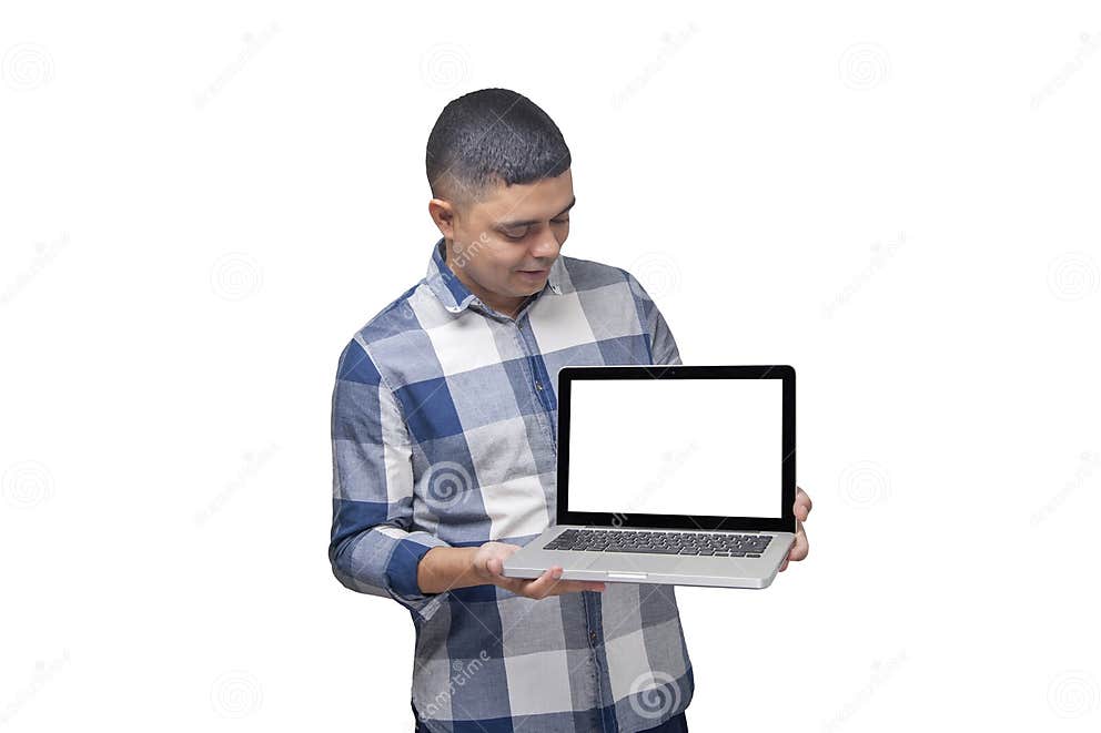 Man with Notebook in Hands Pointing and Interacting with the Screen ...