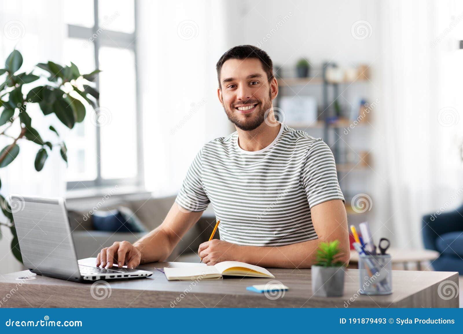 Man with Notebook and Laptop at Home Office Stock Image - Image of ...