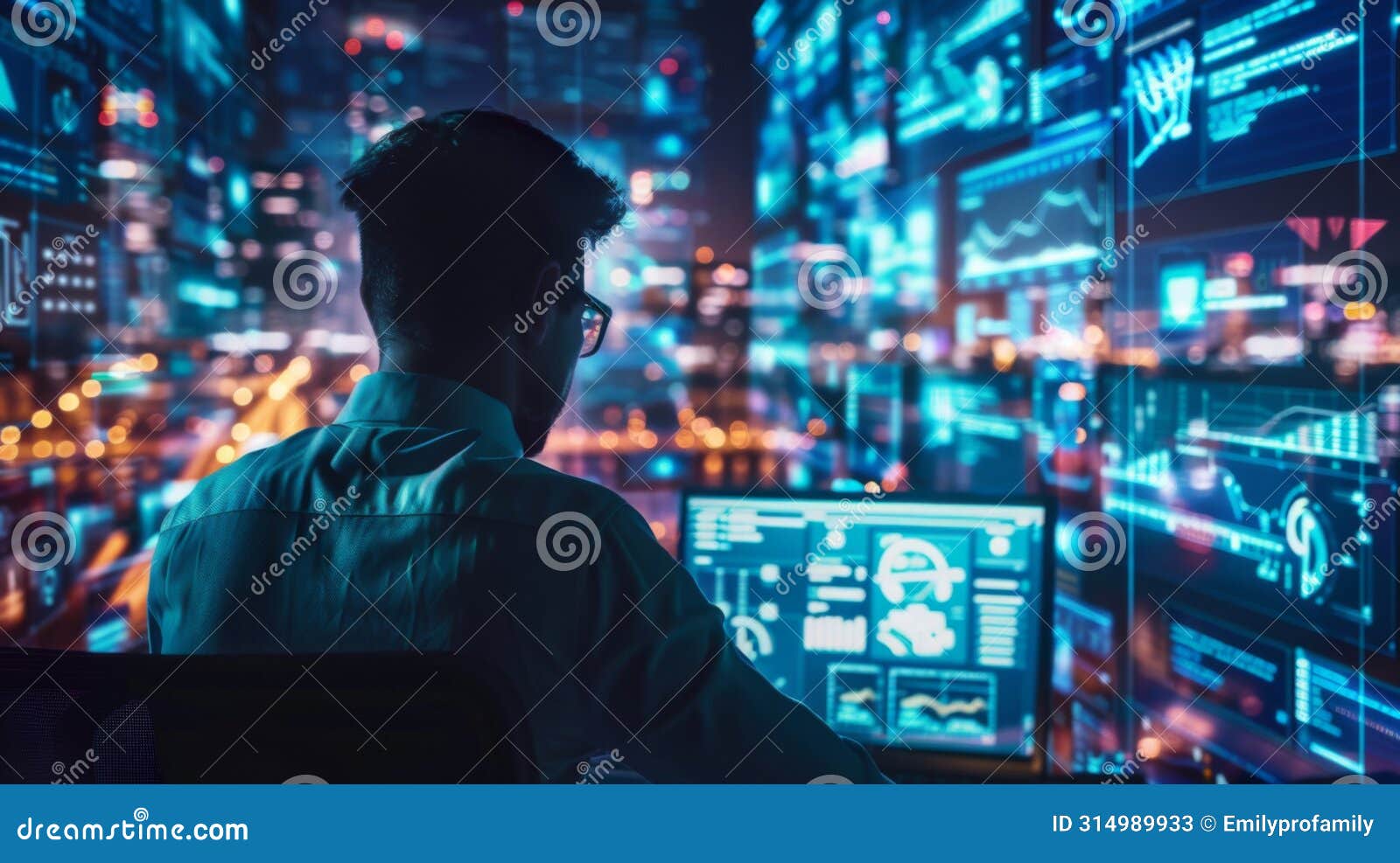 Man Monitoring Data on Multiple Screens at Night Stock Image - Image of ...