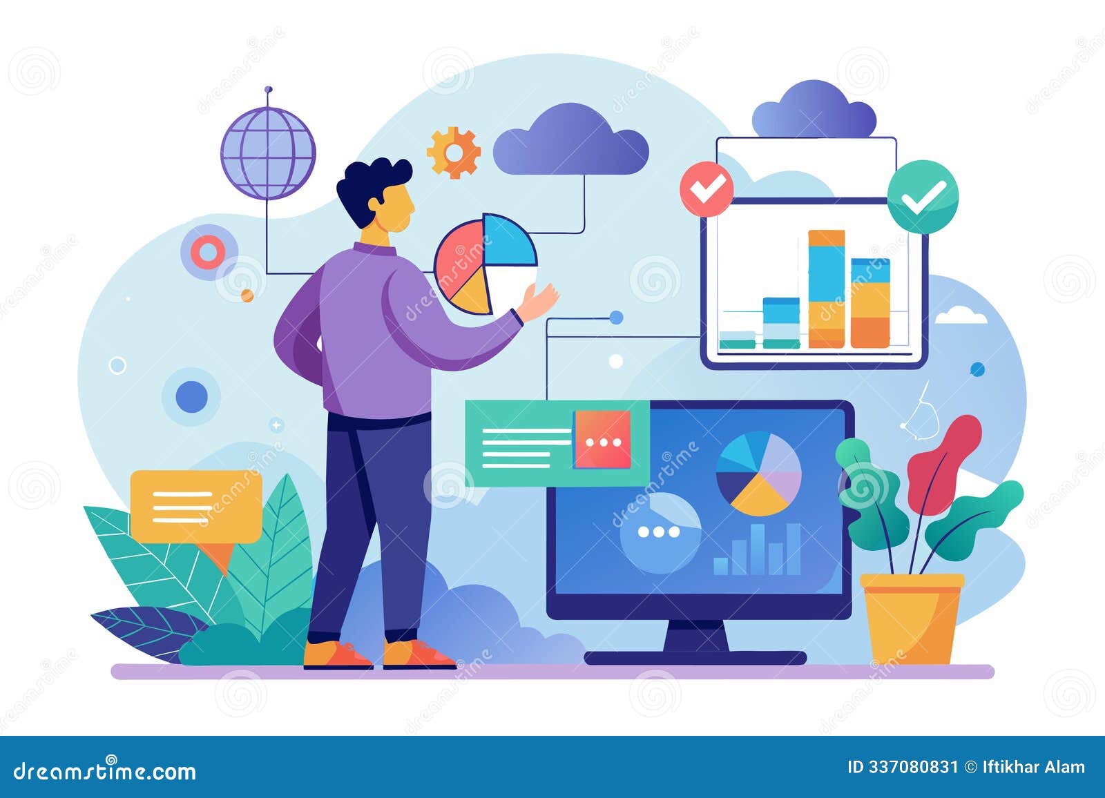 A Man Observes a Detailed Cloud Computing Diagram Showing Graphs and ...