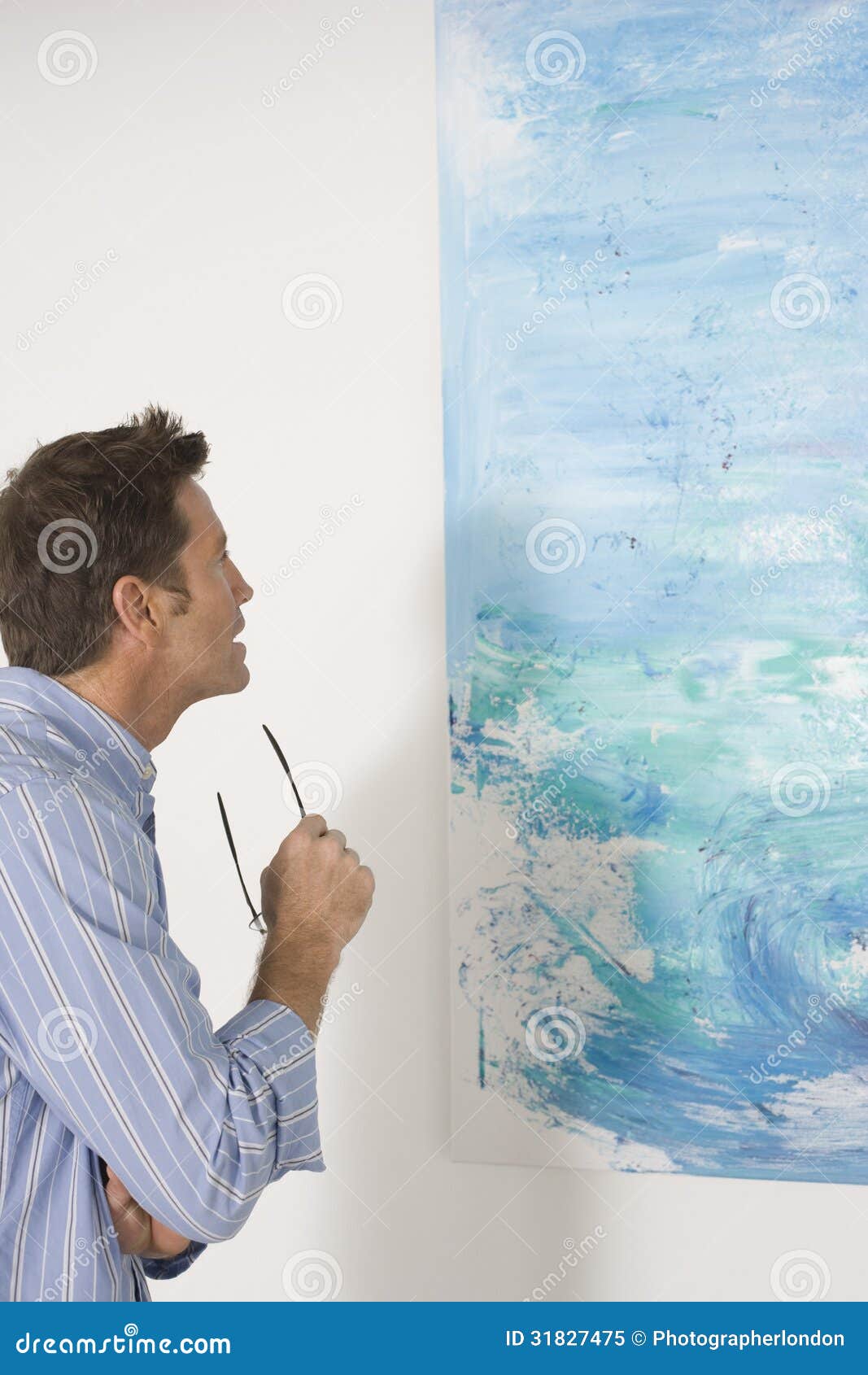 Man Observing Painting in Art Gallery Stock Image - Image of boomer ...