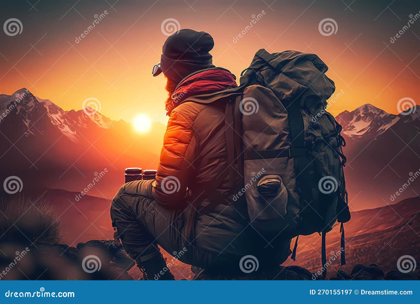 Man is Observing the Sunset while Backpacking Travel. Generative Ai ...