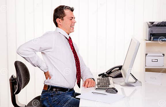 Man in Office with Computer and Back Pain Stock Image - Image of back ...