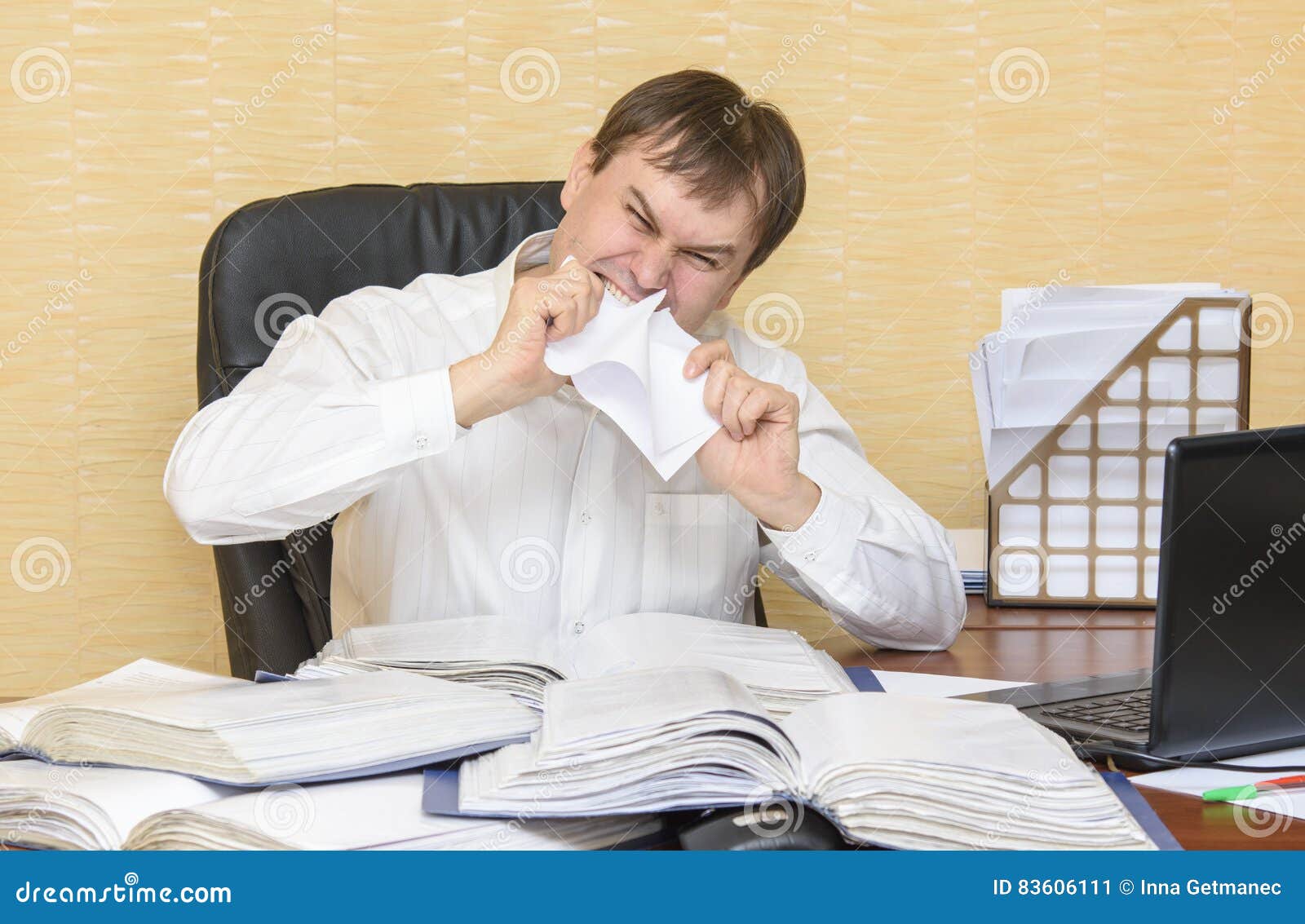 The Man at the Office in Despair Teeth Tearing Paper Stock Image ...