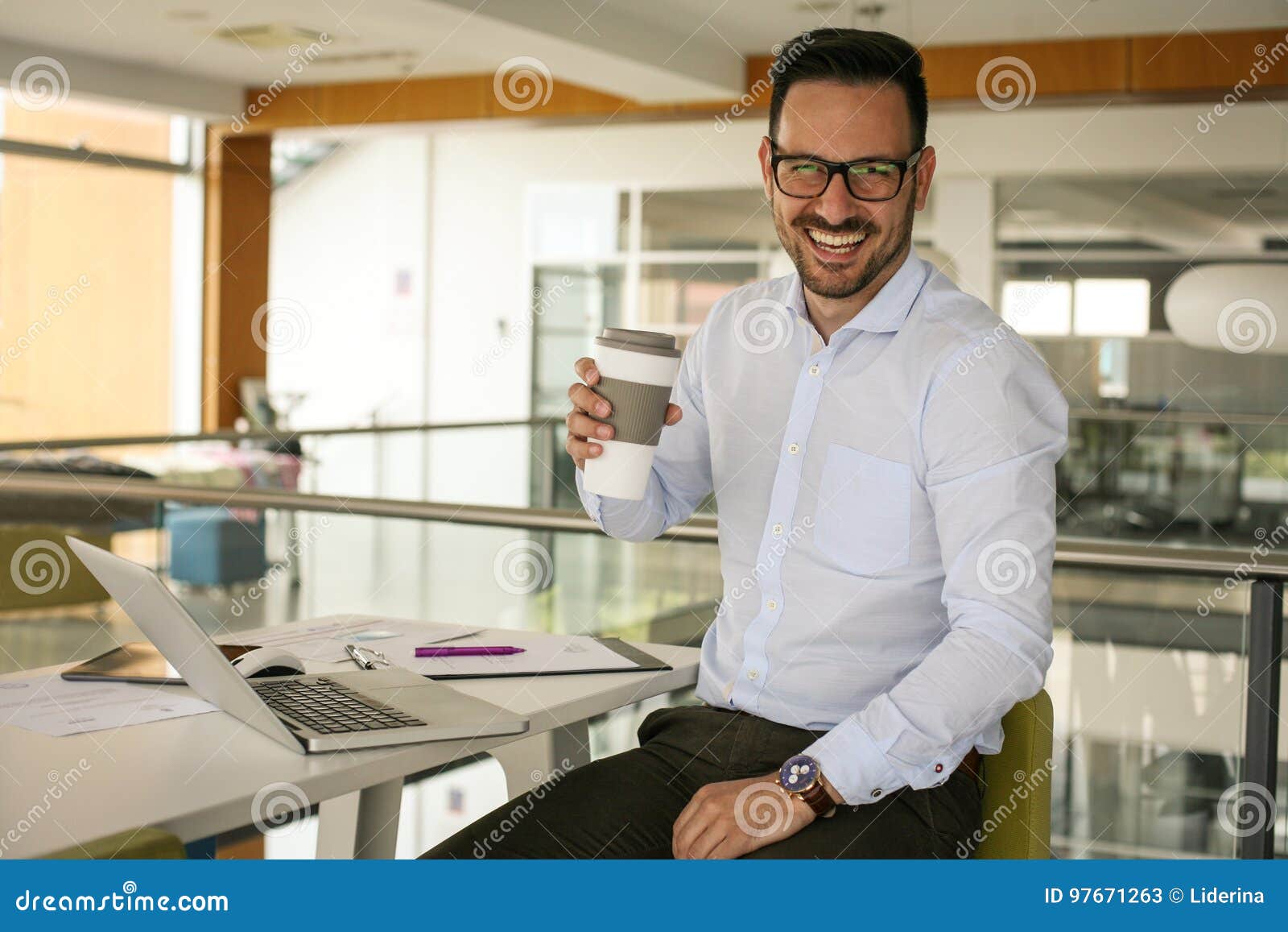 .Man in Office Having a Break. Man with Cup of Coffee Lo Stock Image ...