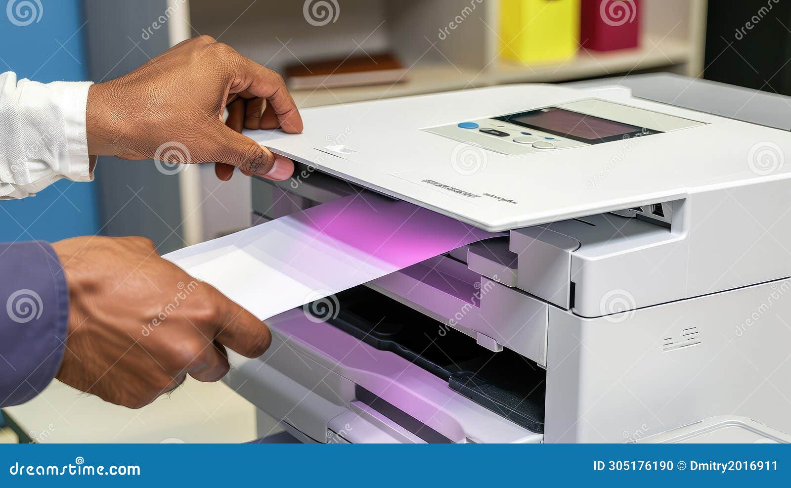Efficiently Managing Office Tasks with the Trusty Printer. Stock Photo ...