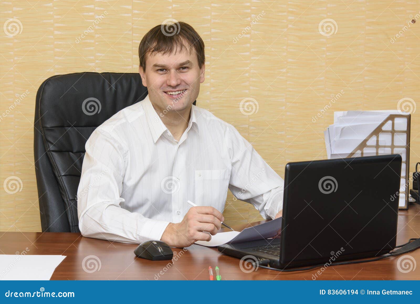 The Man in the Office Smiling Stock Photo - Image of scores, agreement ...