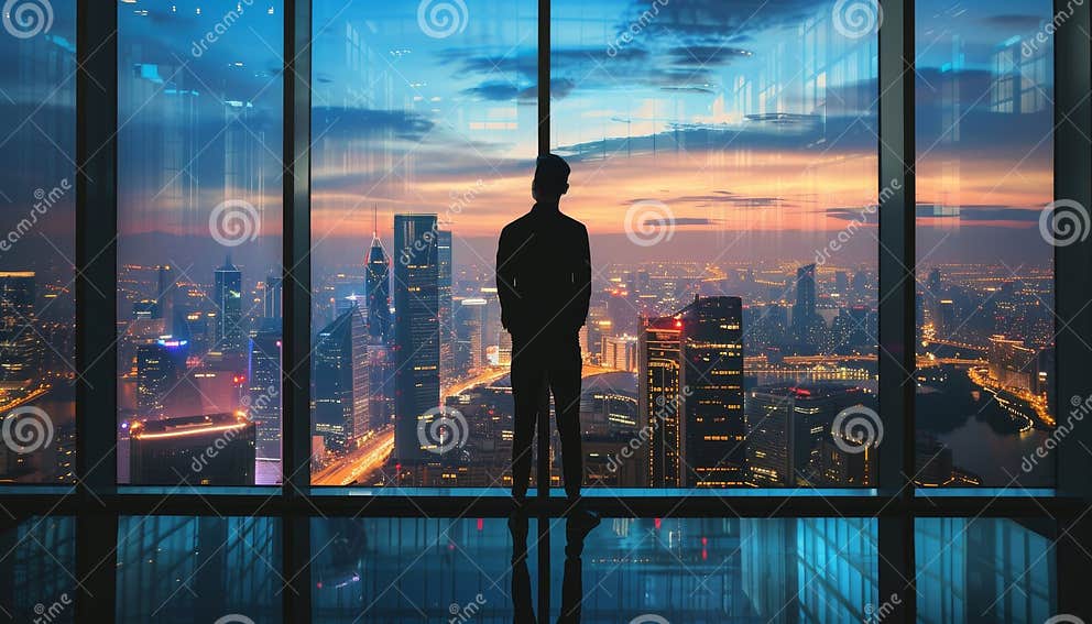 Man in Office Standing in Window Looking at City View Stock ...