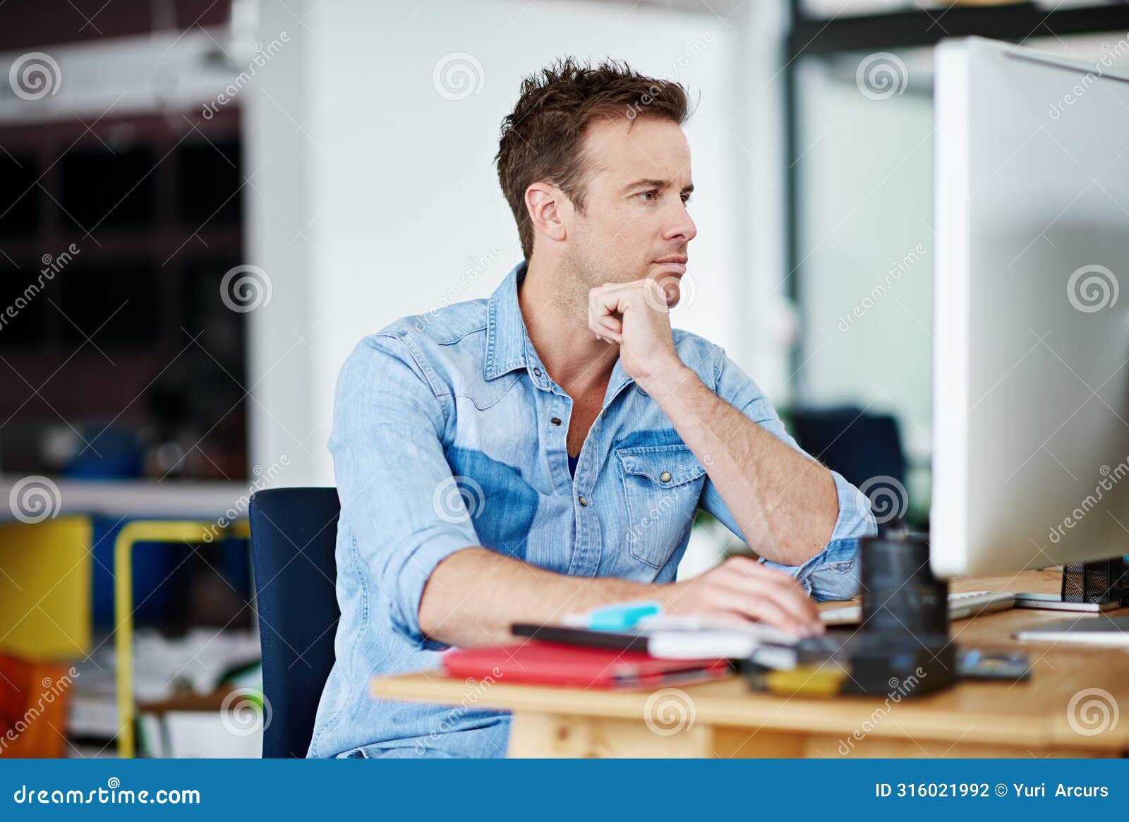 Man, Office and Thinking on Computer with Research for Creativity ...