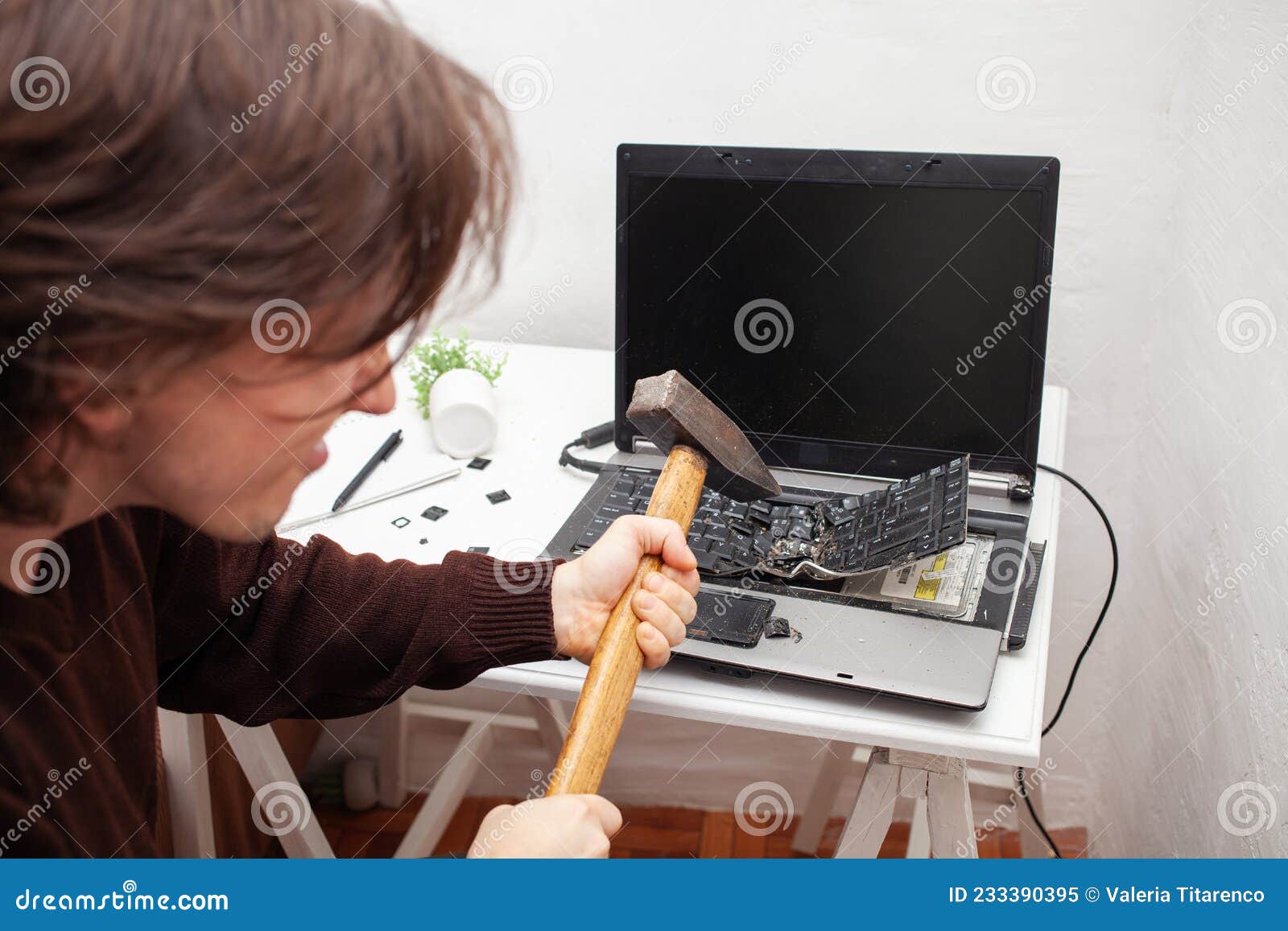 Man Office Worker Smashed a Laptop, Destroyed a Computer. Anger, Hatred ...