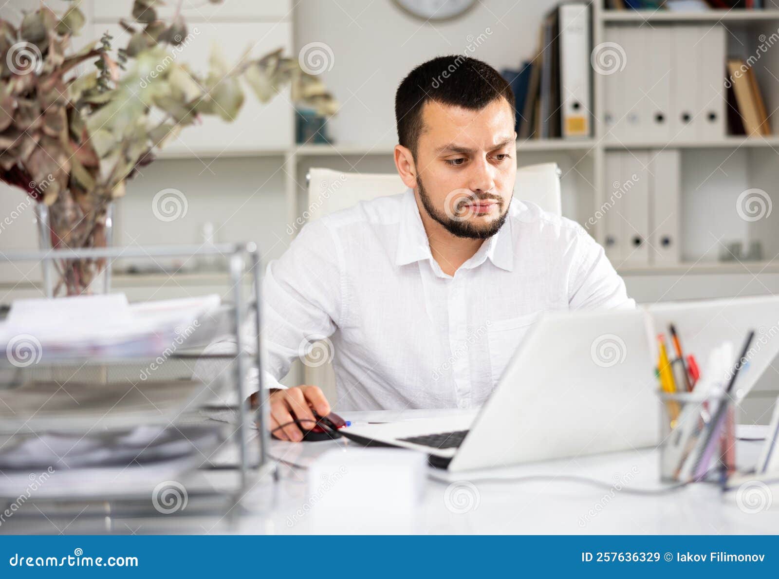 Man Office Worker Using Laptop during Workday Stock Image - Image of ...