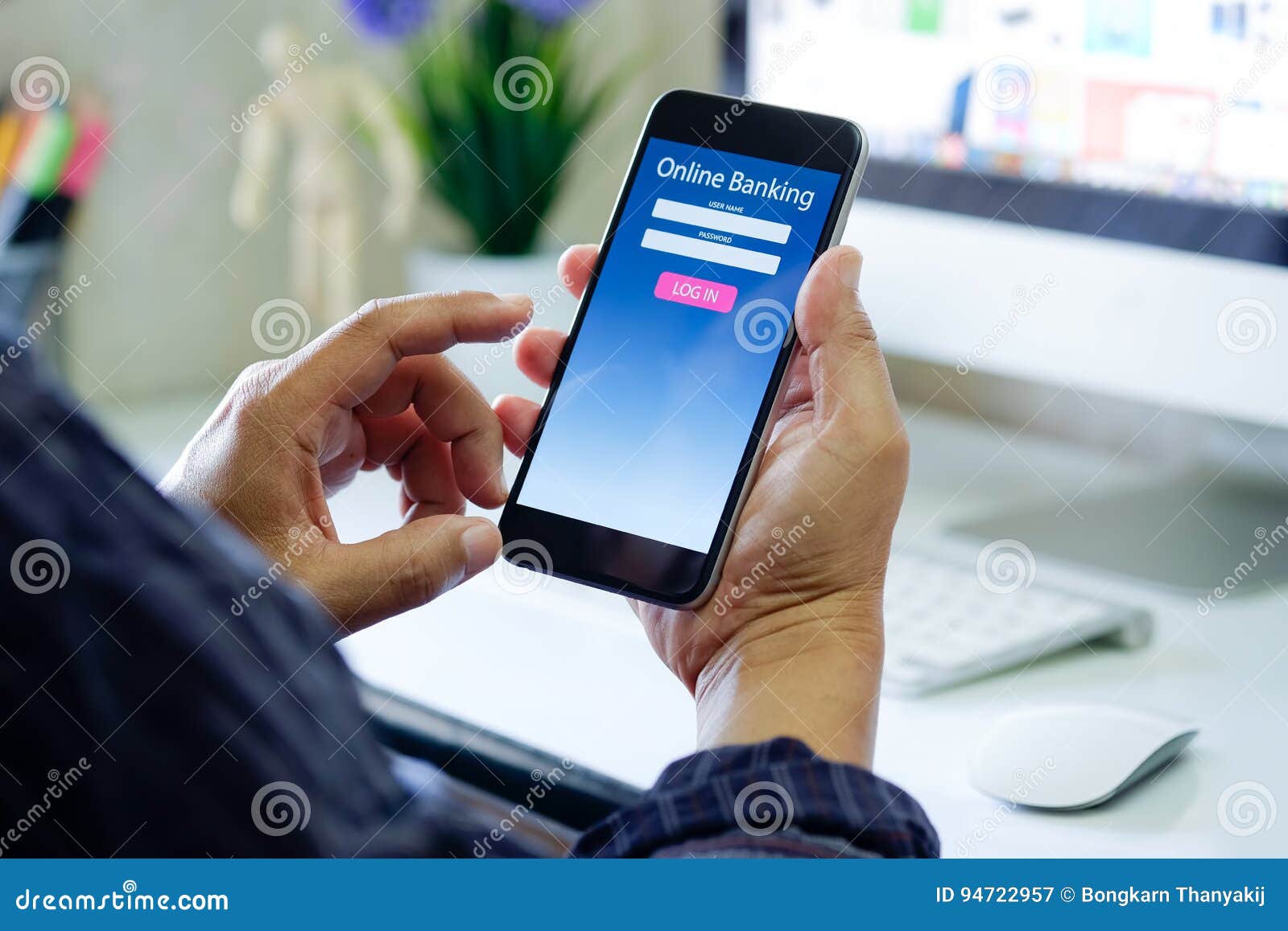 Man with Online Bank Application Phone at Desk Workspace in Office ...