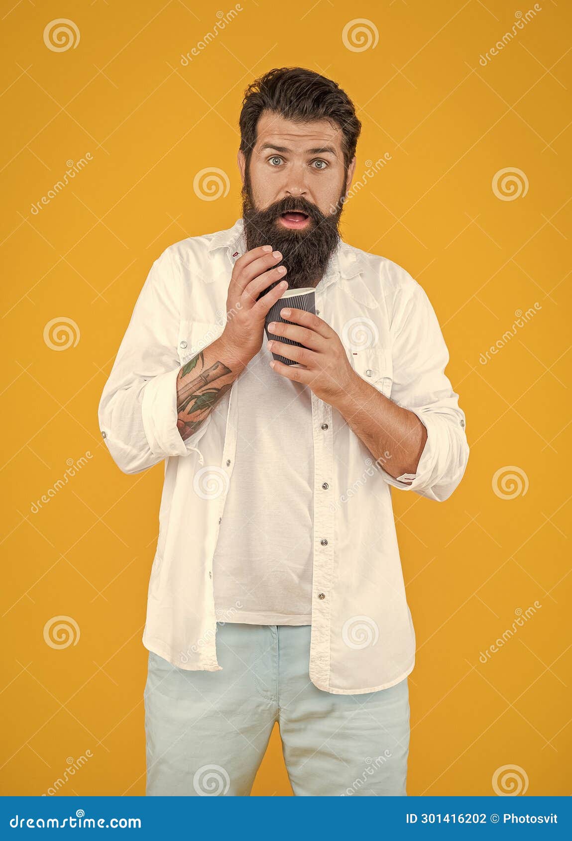 Man Open Coffee Cup at Break Isolated on Yellow. Man Has Coffee Break ...