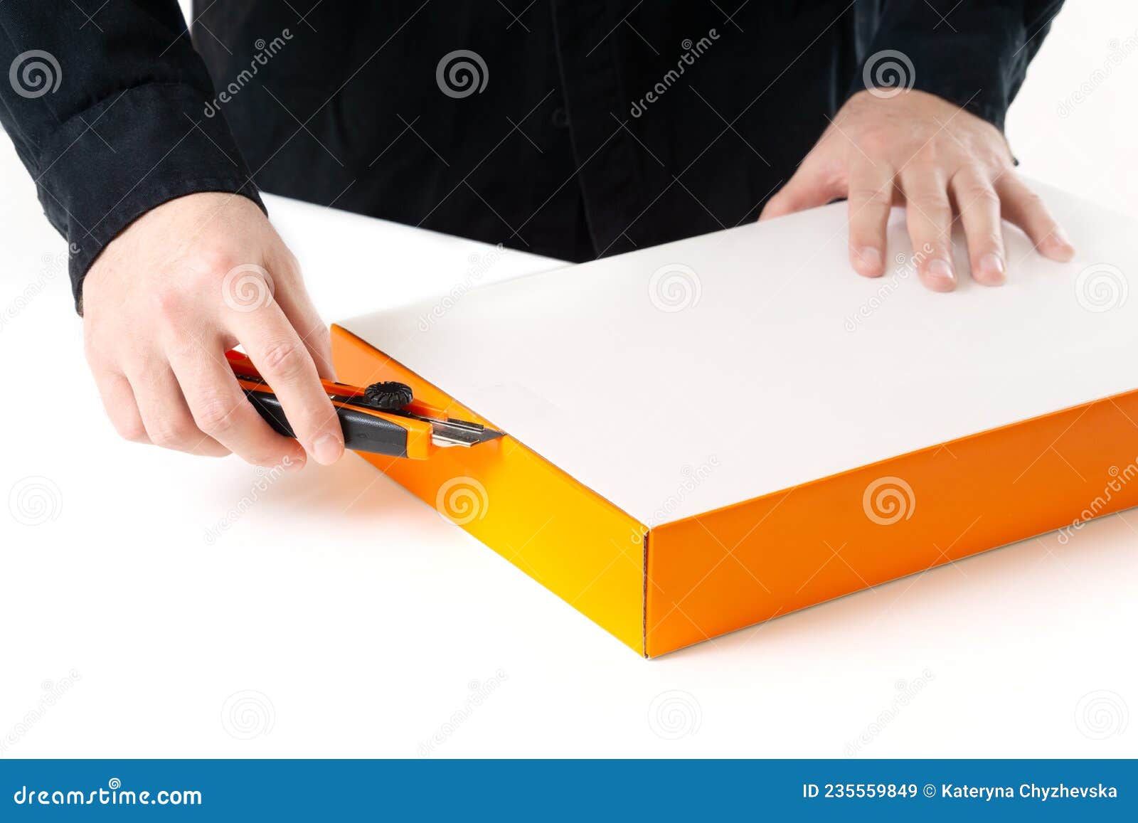 Man Opening a Box with a Cutter Stock Image - Image of knife, caucasian ...