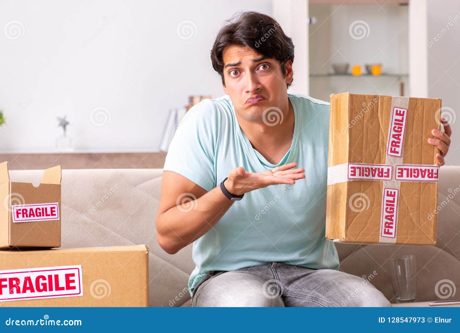 The Man Opening Fragile Parcel Ordered from Internet Stock Image ...