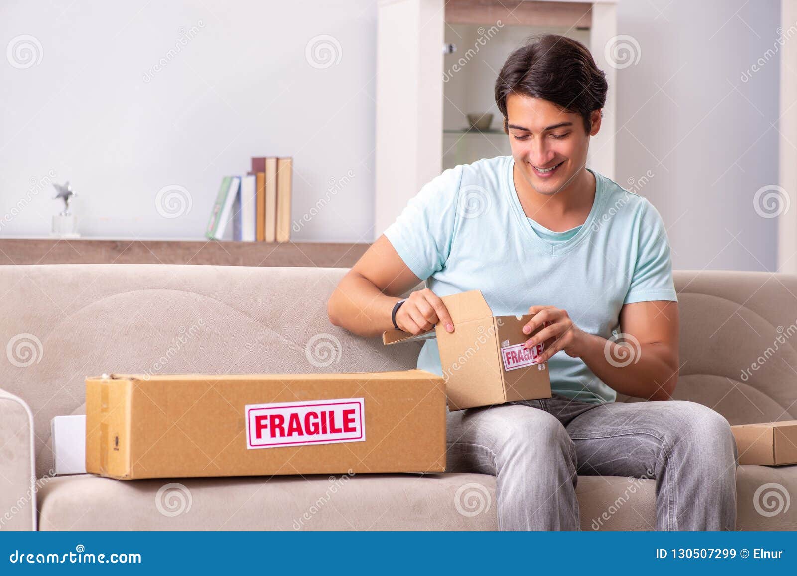 The Man Opening Fragile Parcel Ordered from Internet Stock Image ...