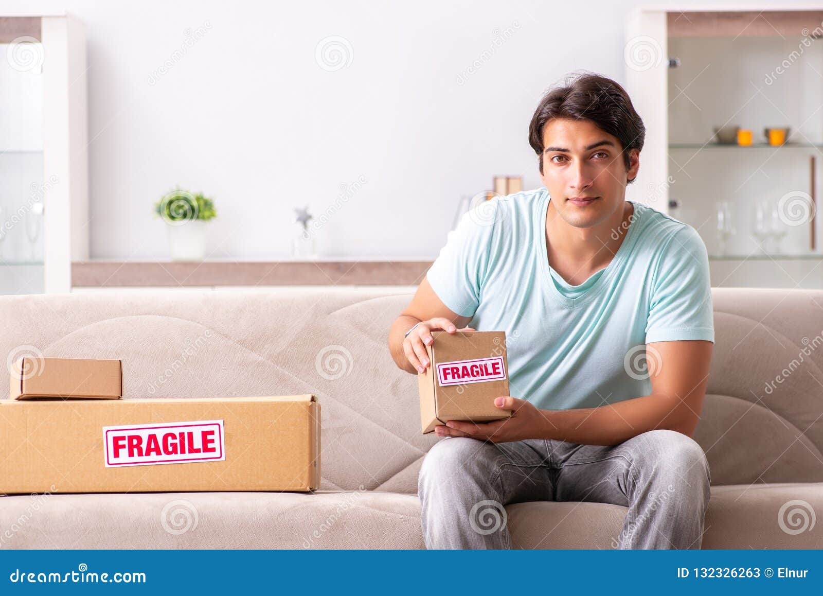 The Man Opening Fragile Parcel Ordered from Internet Stock Image ...