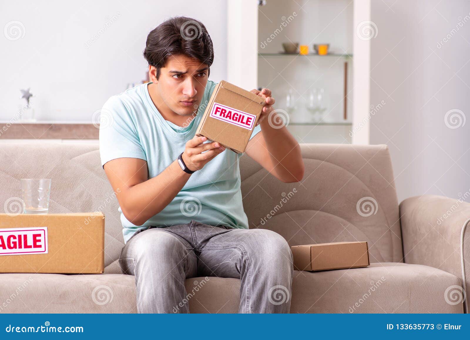 The Man Opening Fragile Parcel Ordered from Internet Stock Image ...