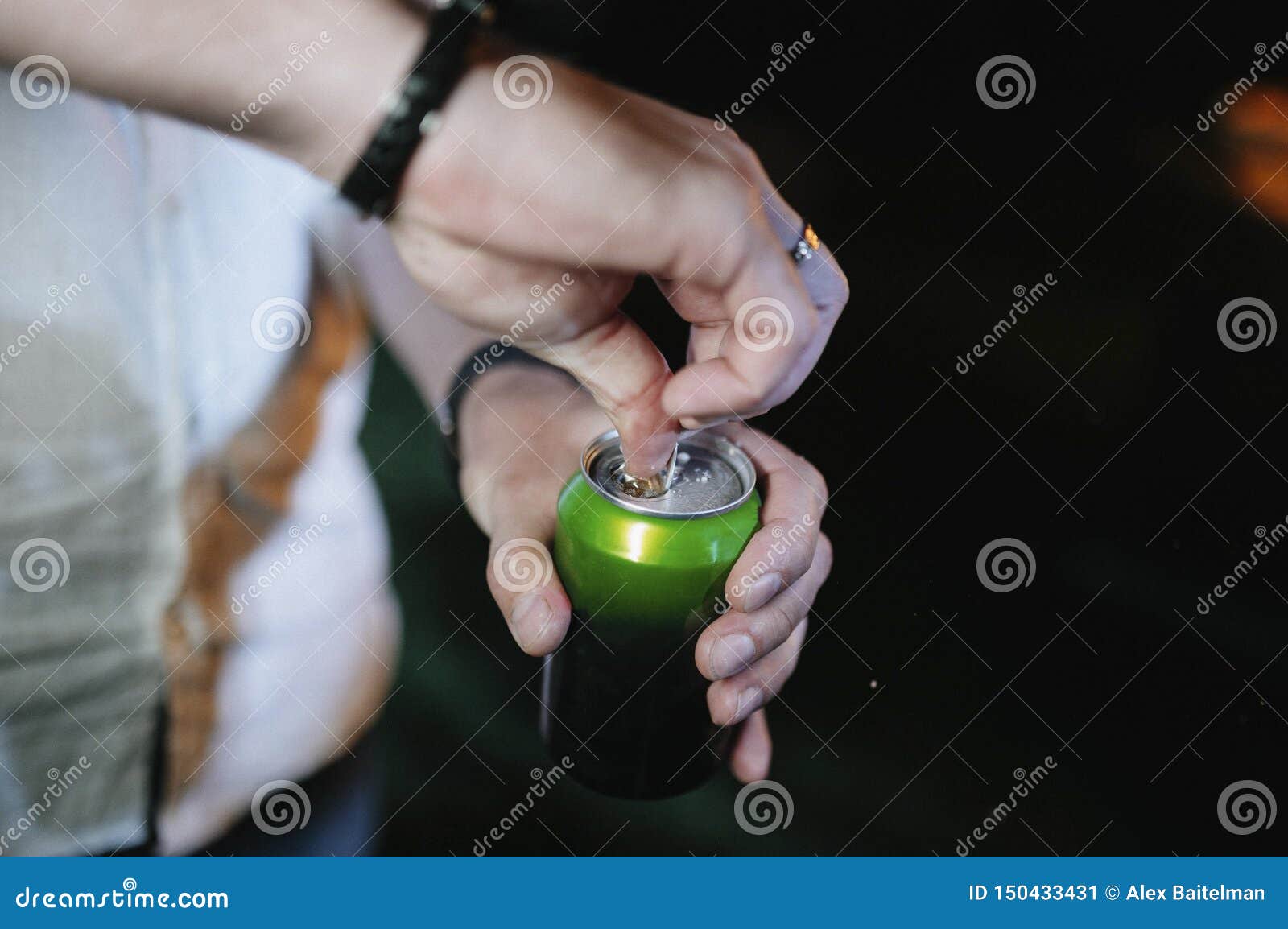 A Man Opens a Can with His Hand in Close-up Stock Image - Image of ...