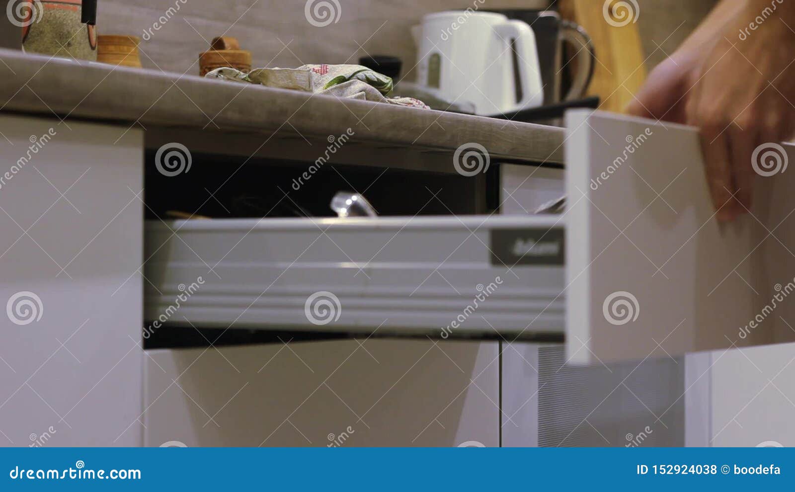 The Man Opens Pull-out Kitchen Box with the Push System Stock Footage ...