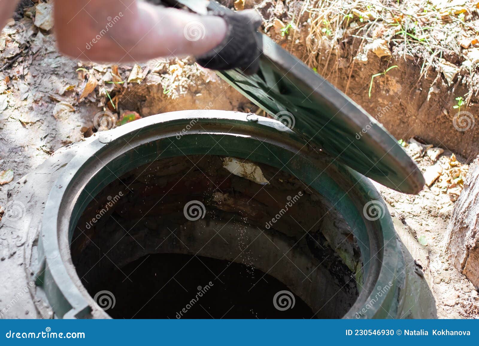 The Man Opens a Sewer Hatch. Septic Tank Inspection and Maintenance ...
