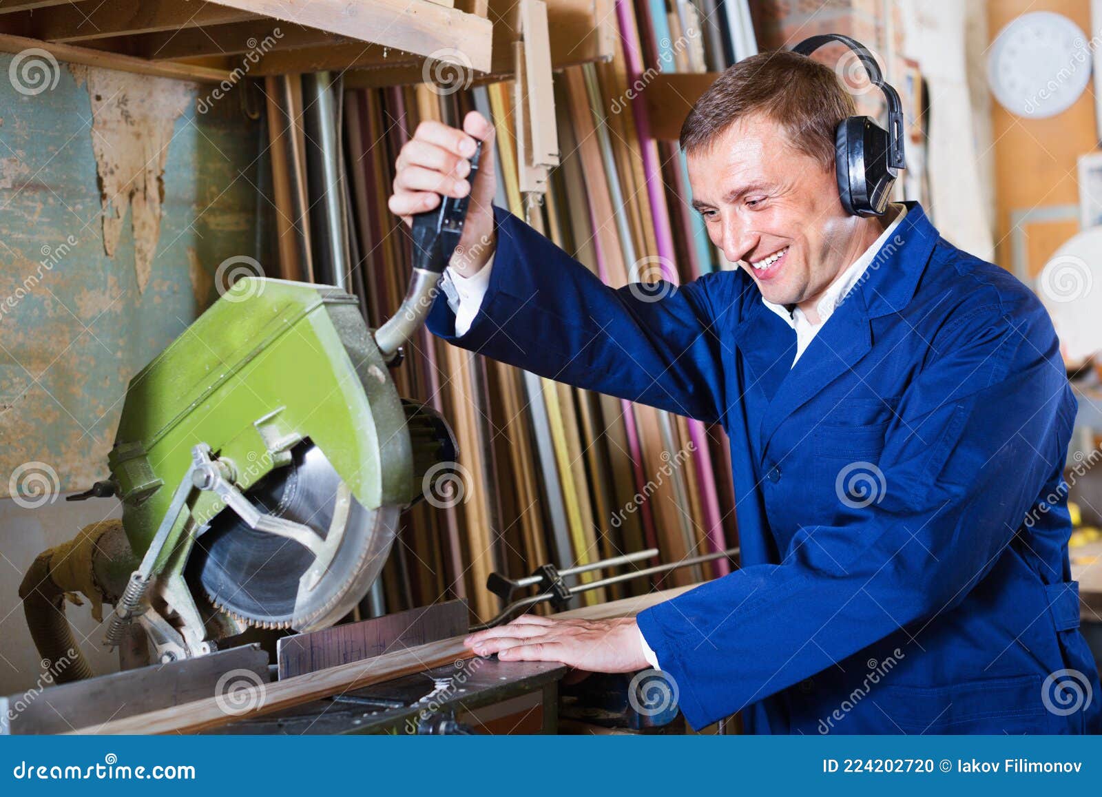 Man Operating Circular Saw in Wood Workshop Stock Photo - Image of ...