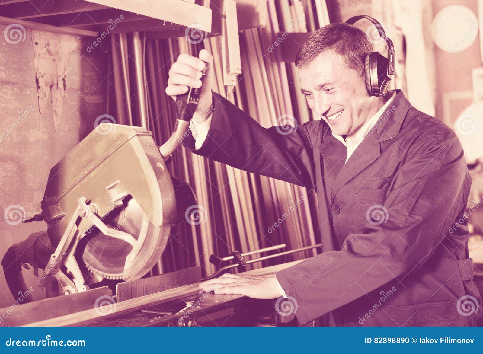 Man Operating Circular Saw in Wood Workshop Stock Photo - Image of ...