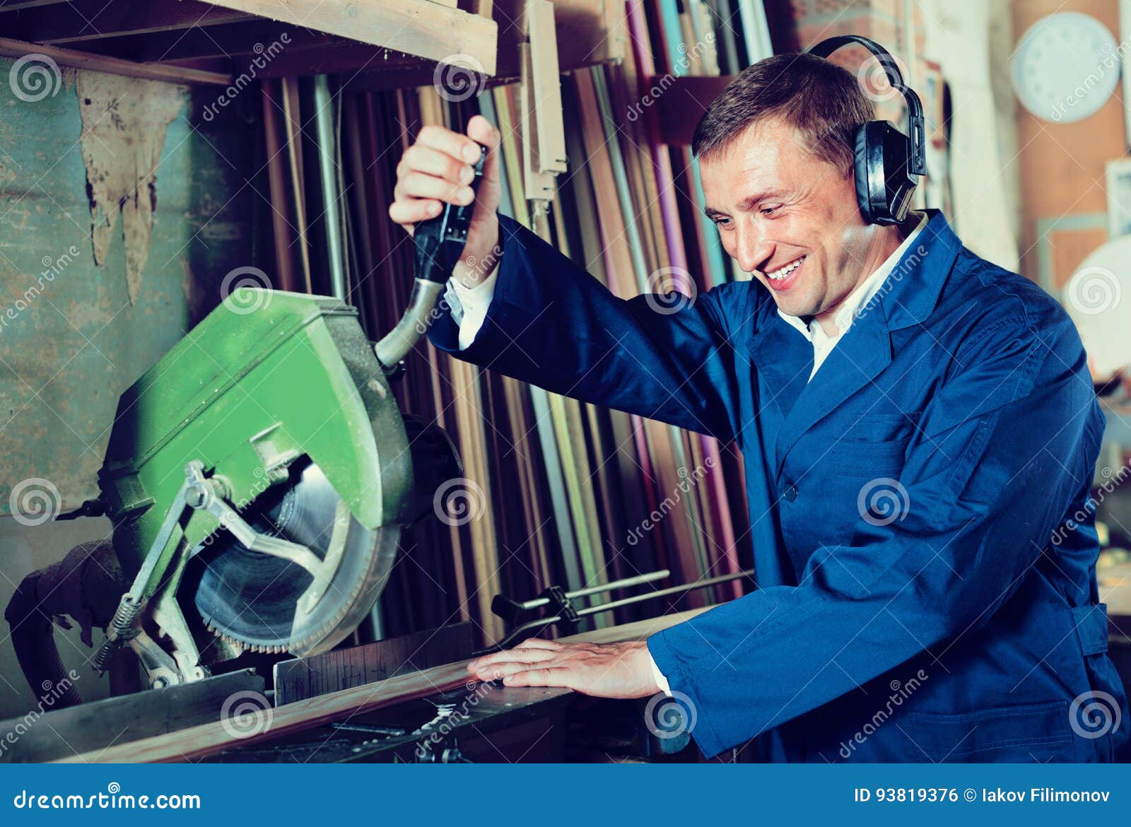 Man Operating Circular Saw in Wood Workshop Stock Photo - Image of ...