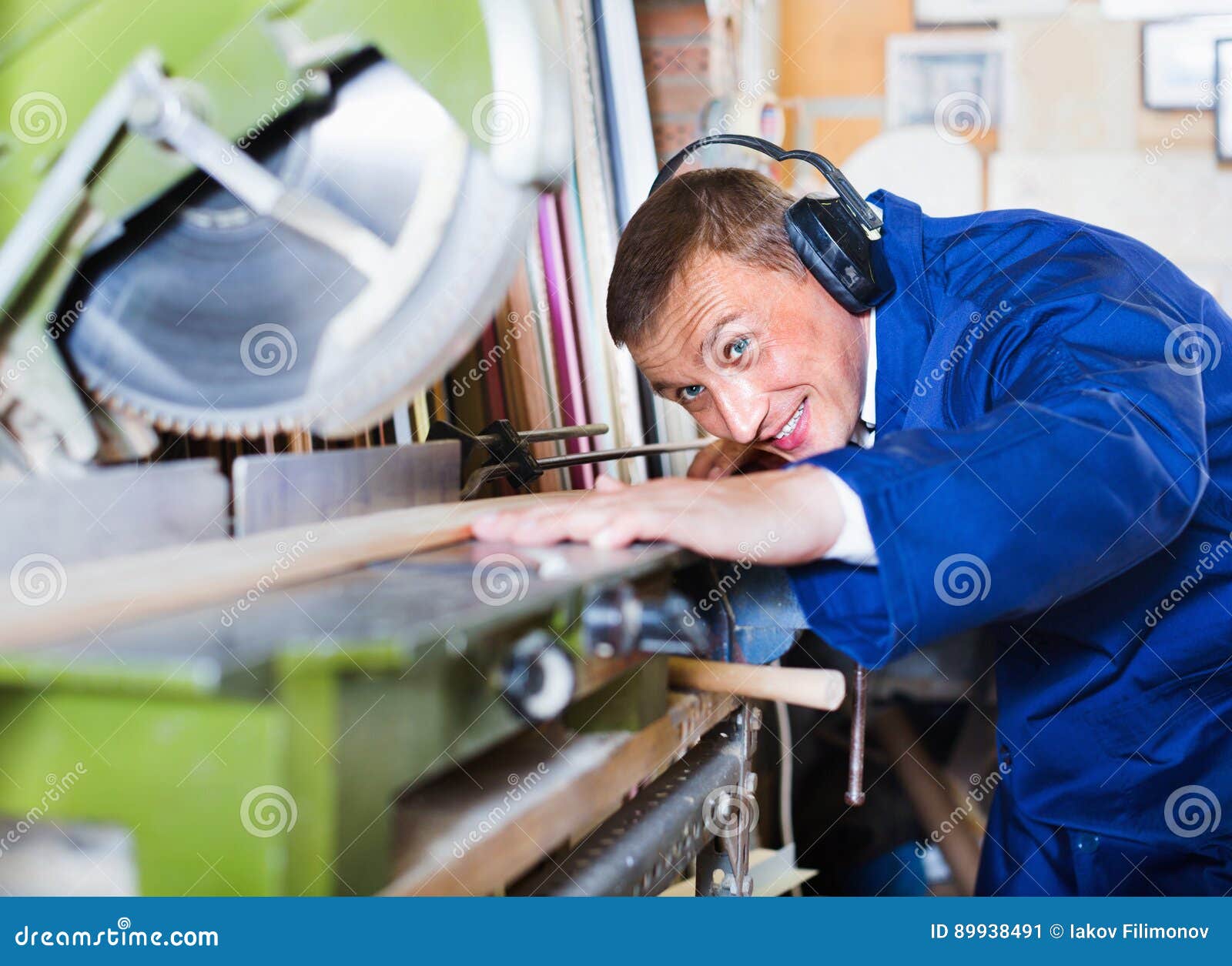 Man Operating Circular Saw in Wood Workshop Stock Image - Image of ...