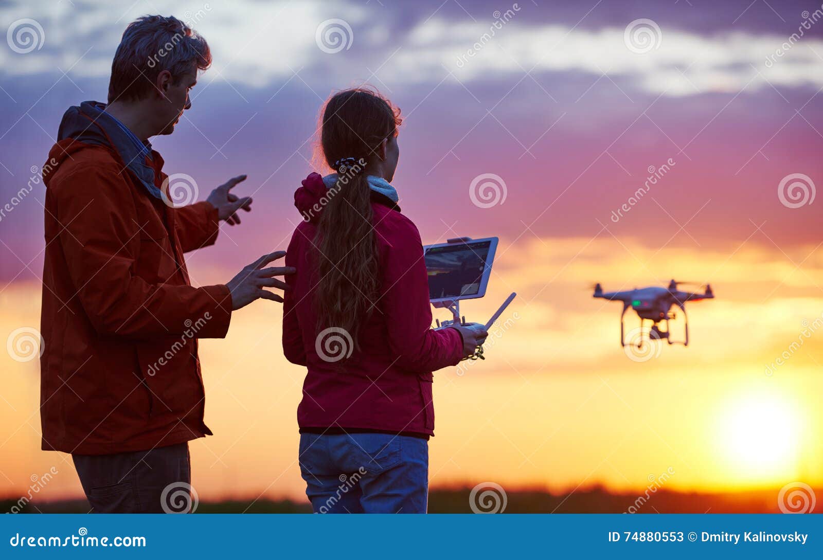 Man Operating of Flying Drone at Sunset Stock Image - Image of flight ...