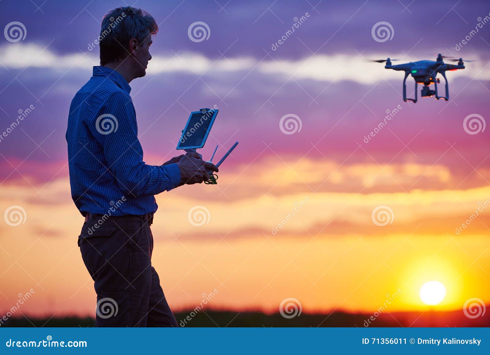 Man Operating of Flying Drone at Sunset Stock Image - Image of high ...