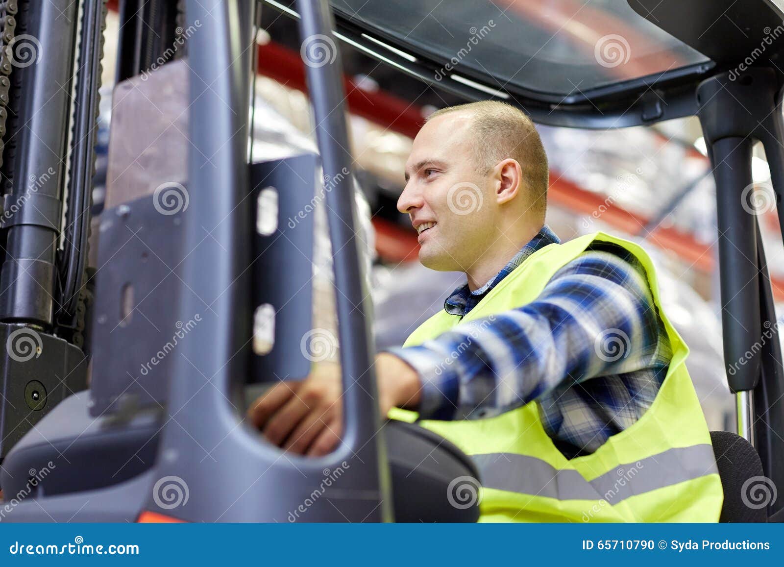 Man Operating Forklift Loader at Warehouse Stock Photo - Image of ...